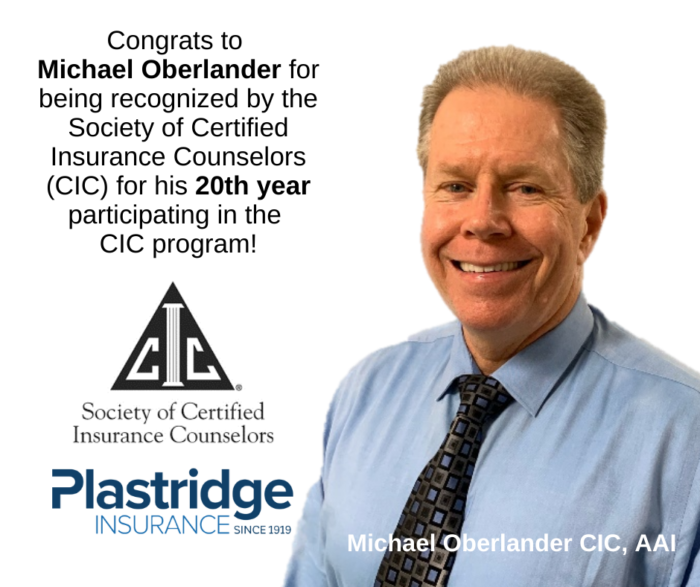 Congrats to Michael Oberlander - 20th year CIC! - Plastridge Insurance
